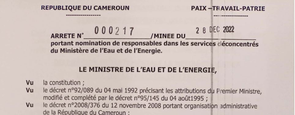 Nominations MINEE services déconcentrés (Dec 2022) – MINEE