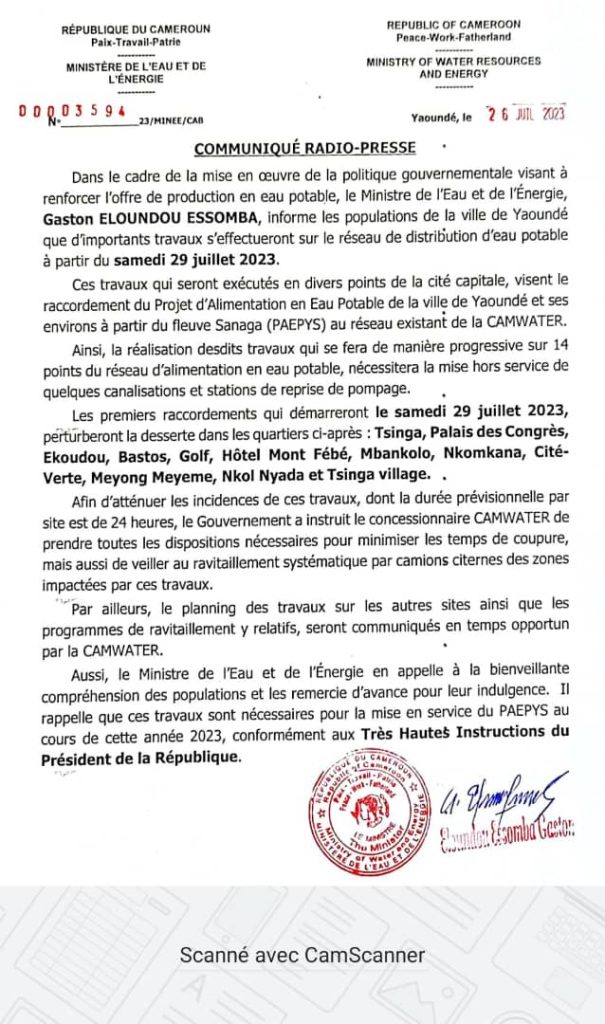 COMMUNIQUE DÉBUT TRAVAUX DE RACCORDEMENT DE PAEPYS A CAMWATER – MINEE